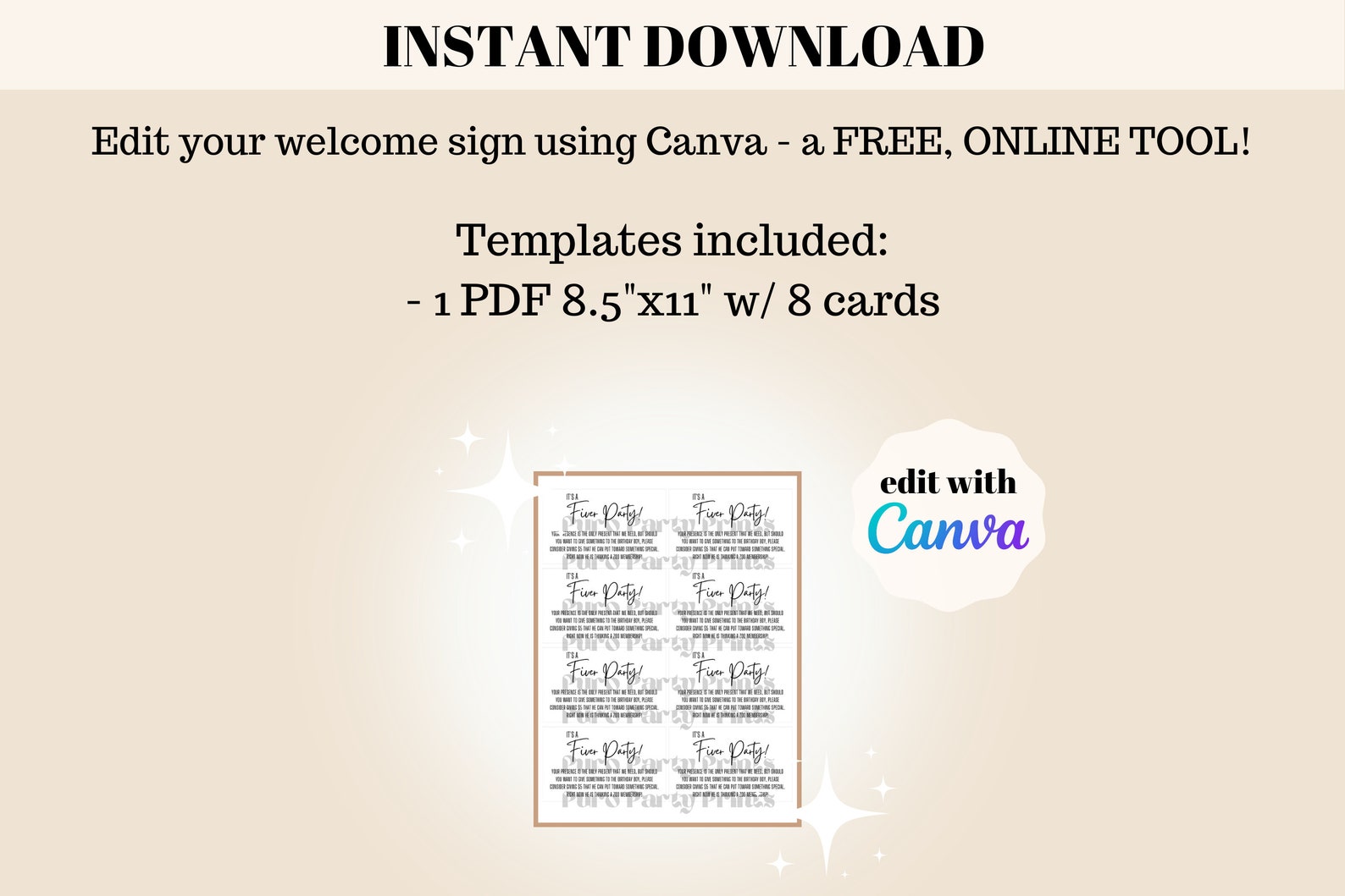 INSTANT Editable Fiver Party Enclosure Card Birthday Party Insert Card ...