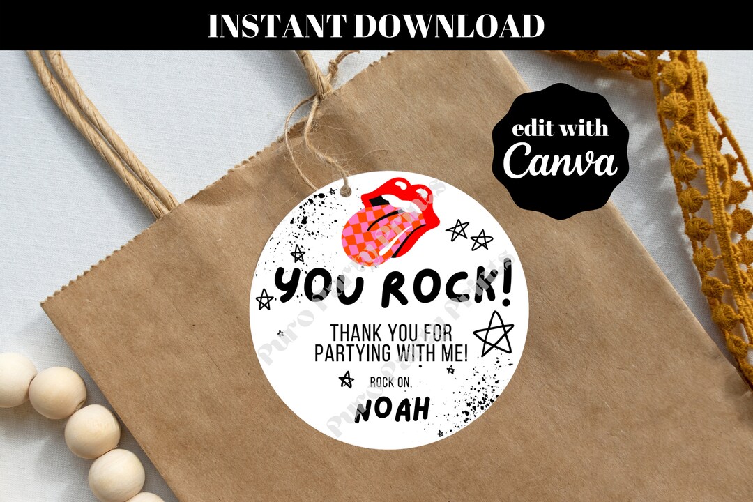 INSTANT Editable Thank You Rock & Roll Birthday Party Tags Stickers ...