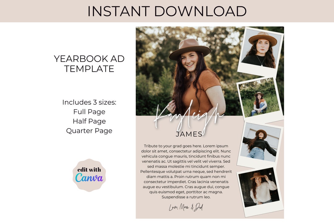 Senior Yearbook Ad Template, Full Page Half Page Quarter Page, High ...