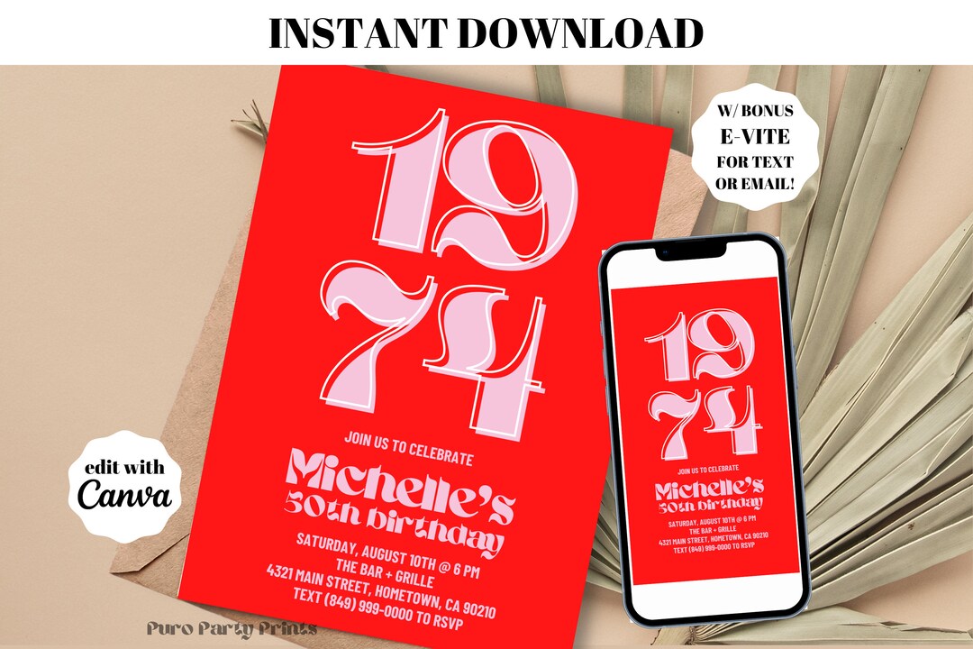 INSTANT Retro 1974 50th Birthday Party Invitation, Evite Text Invite ...