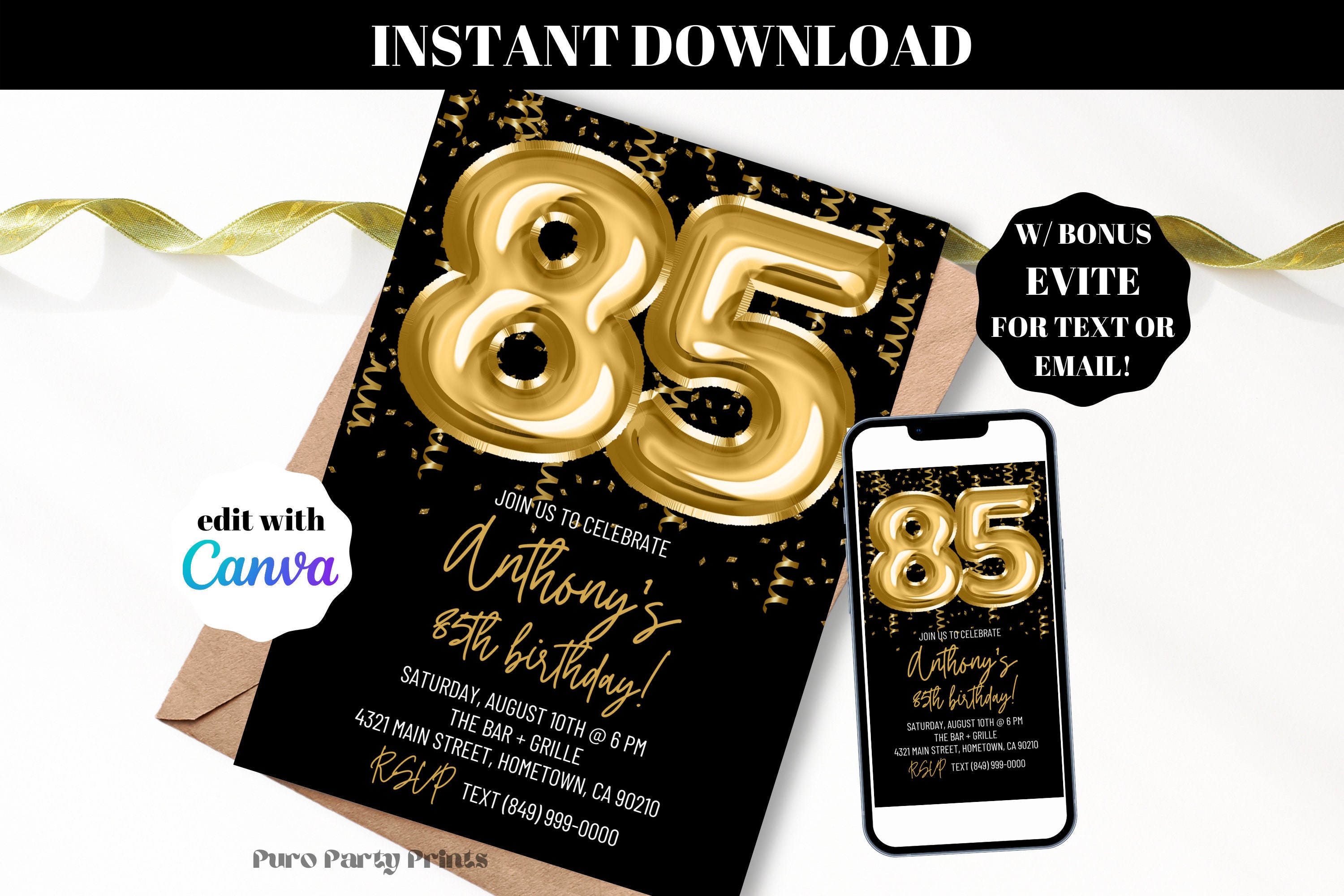 INSTANT Gold Balloons 85th Birthday Invitation, Digital Download ...