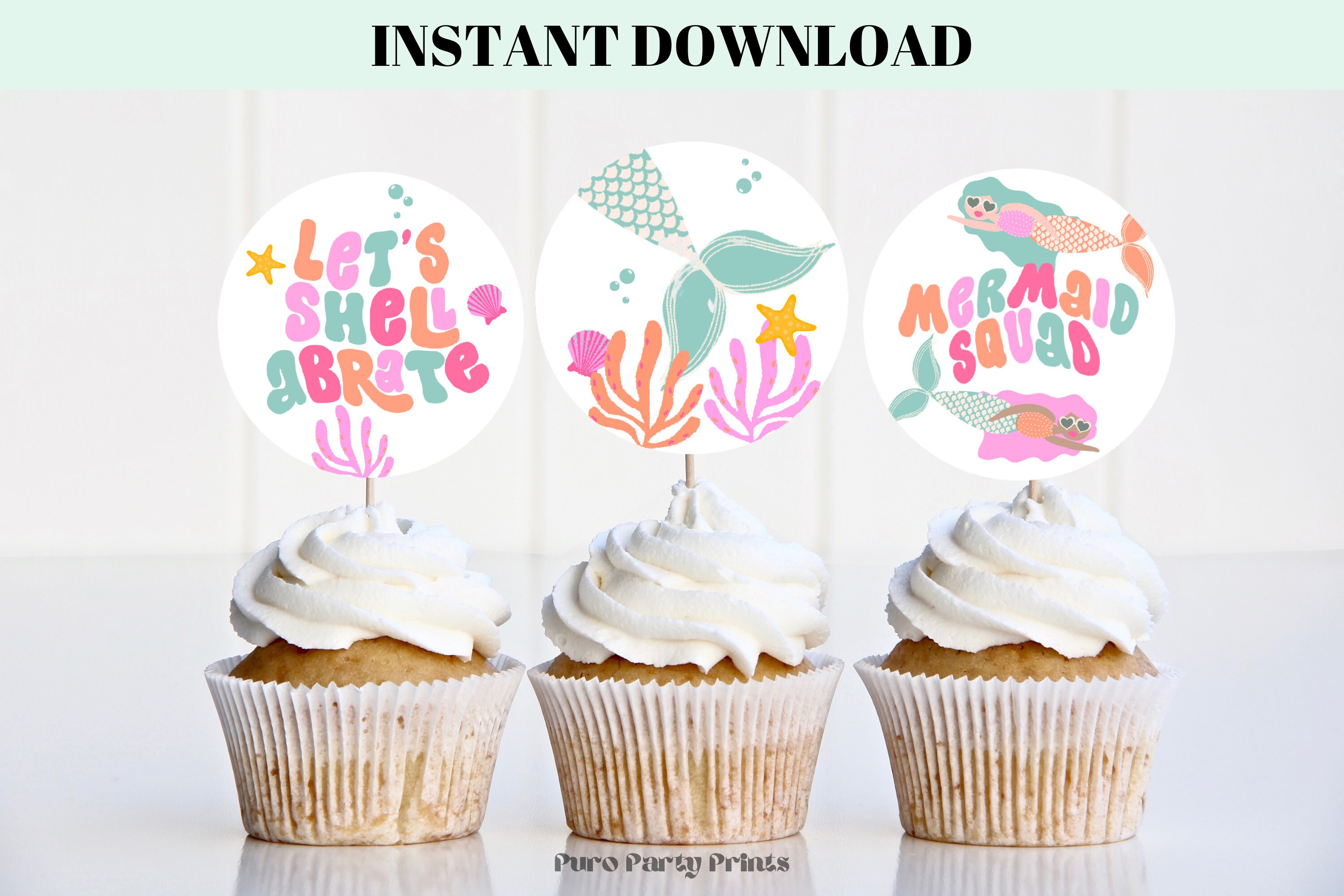 Retro Mermaid Cupcake Toppers, Printable Under the Sea Birthday Party ...