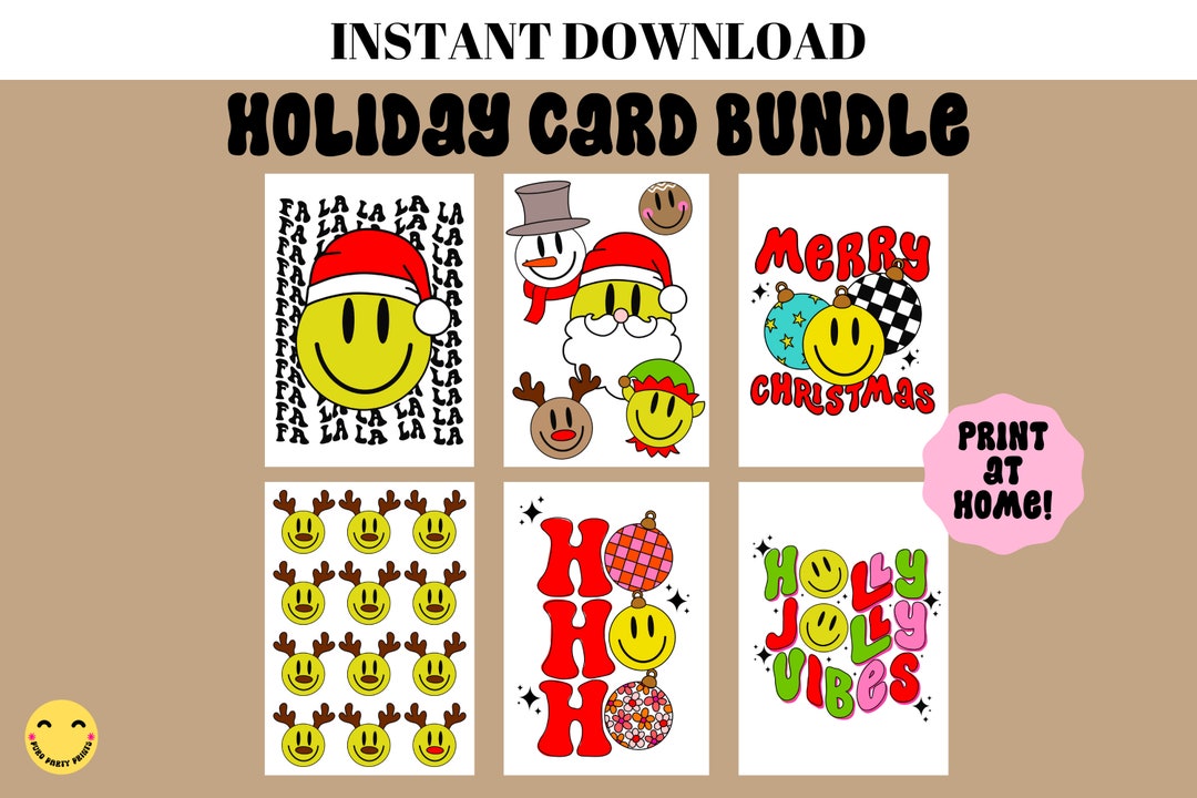 Retro Smiley Printable Christmas Card Set of 6, Groovy Printable ...