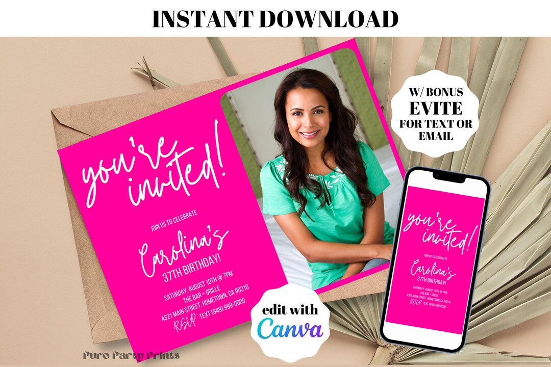INSTANT Editable You're Invited Pink Party Photo Invitation Digital ...