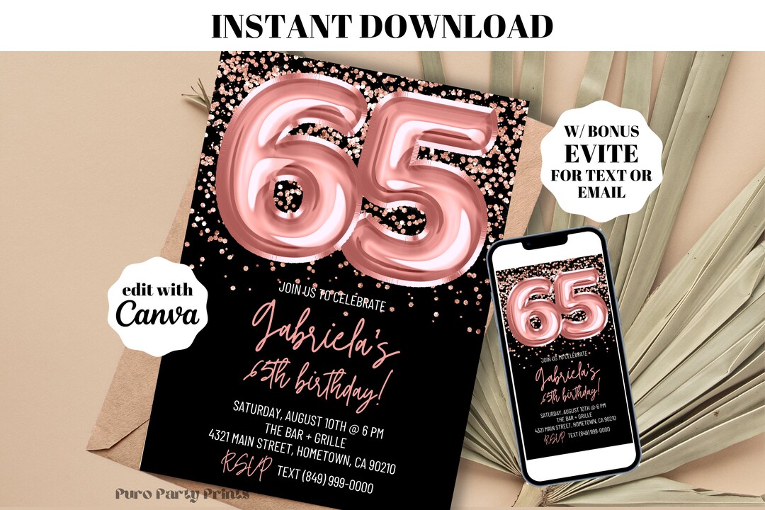 INSTANT Rose Gold Balloons 65th Birthday Invitation, Digital Download ...