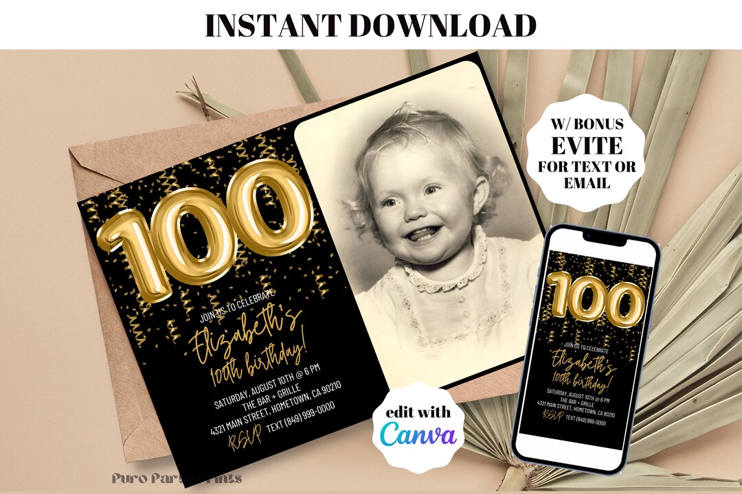 INSTANT Gold Balloons 100th Birthday Invitation With Photo, Digital ...