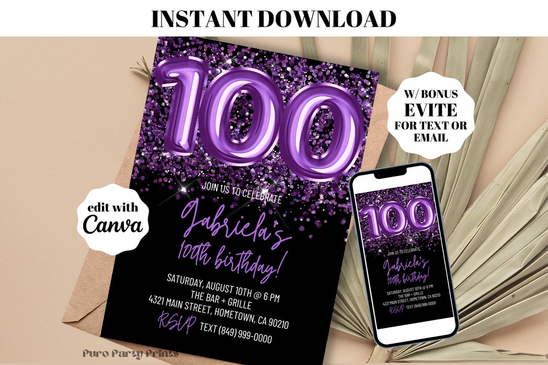Purple Balloons 100th Birthday Invitation, Instant Digital Download ...