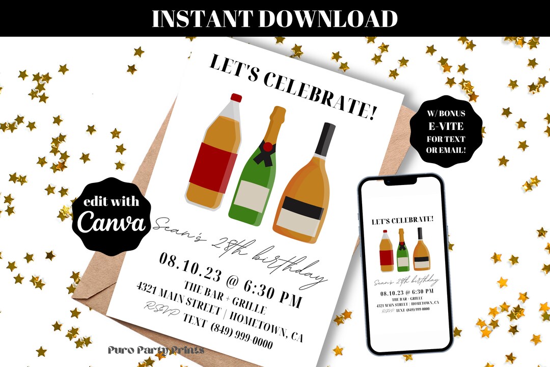 Lets Celebrate Printable Birthday Party Invitation, Champagne Bottle ...