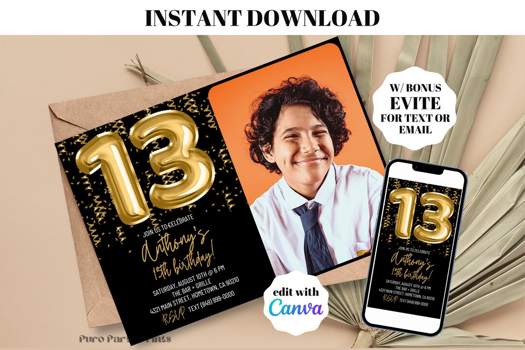 INSTANT Gold Balloons 13th Birthday Invitation With Photo, Digital ...