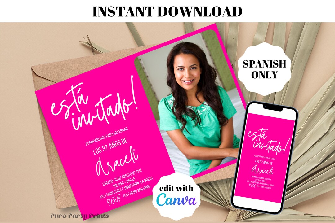 INSTANT Simple Modern Pink SPANISH Birthday Party Invitation Digital ...
