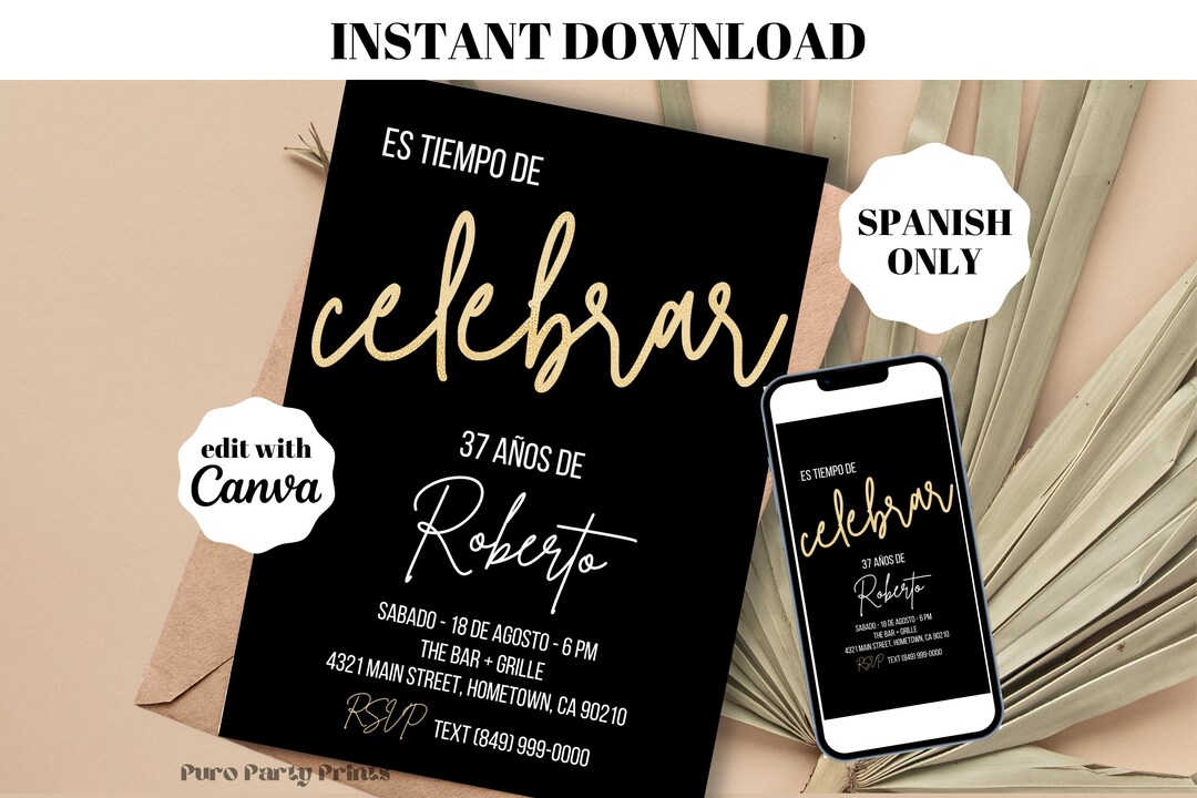 INSTANT Simple Modern Gold SPANISH Birthday Party Invitation Digital ...