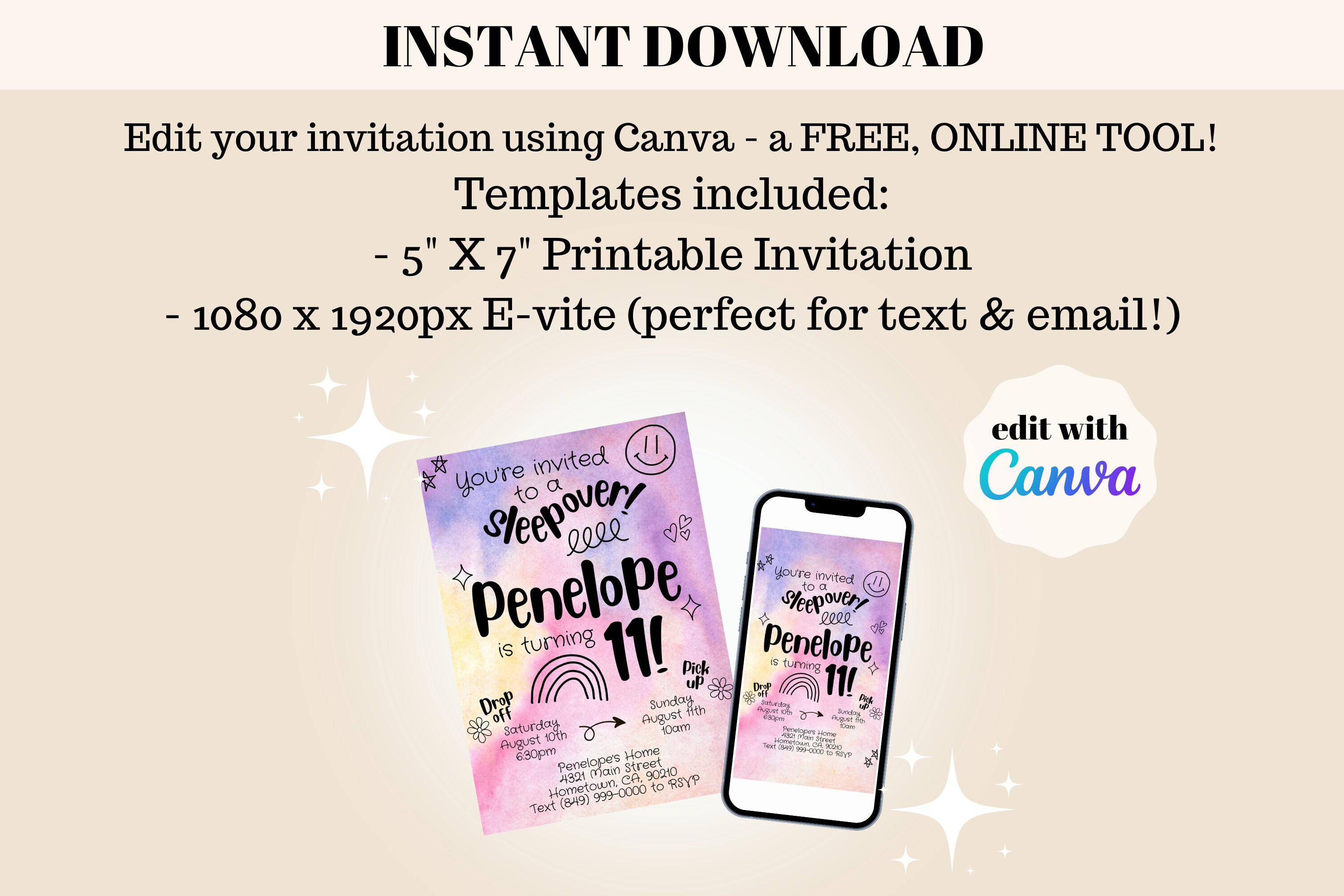 INSTANT Editable Pastel Doodle Sleepover Birthday Party - Etsy