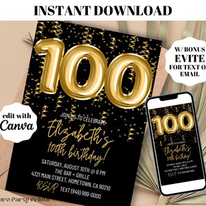 Gold Balloons 100th Birthday Invitation | Instant Digital Download ...