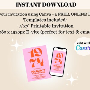 INSTANT Pink Retro 1974 50th Birthday Invitation Digital Download ...