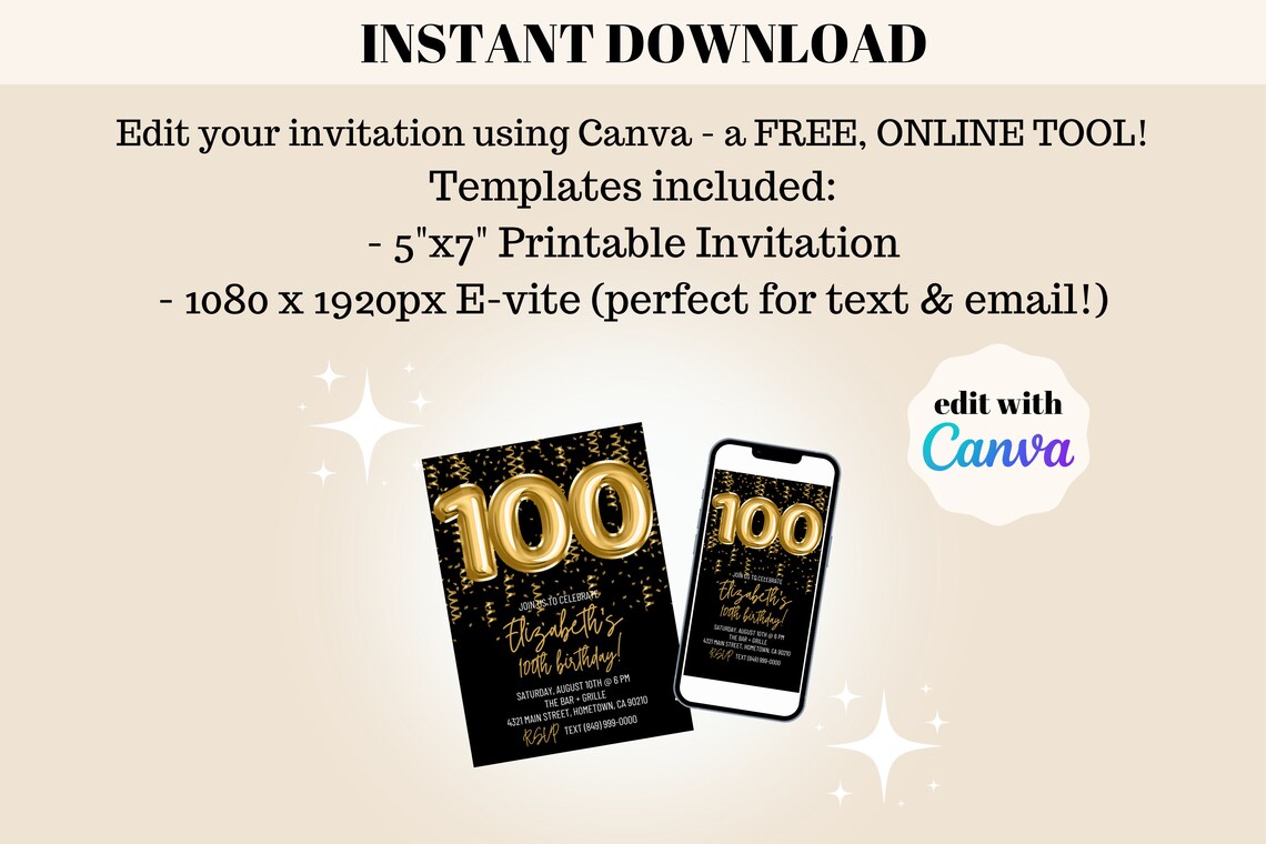 Gold Balloons 100th Birthday Invitation Instant Digital Download ...