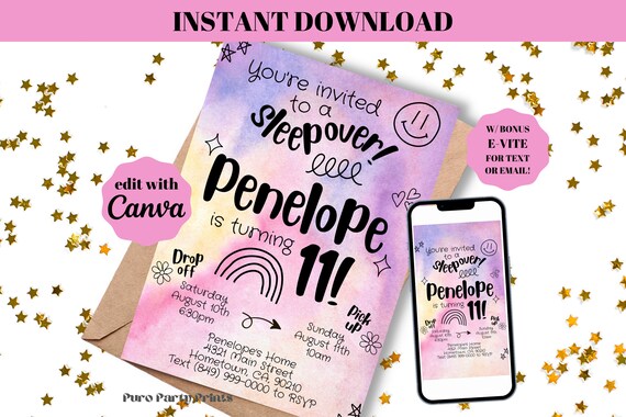 INSTANT Editable Pastel Doodle Sleepover Birthday Party - Etsy