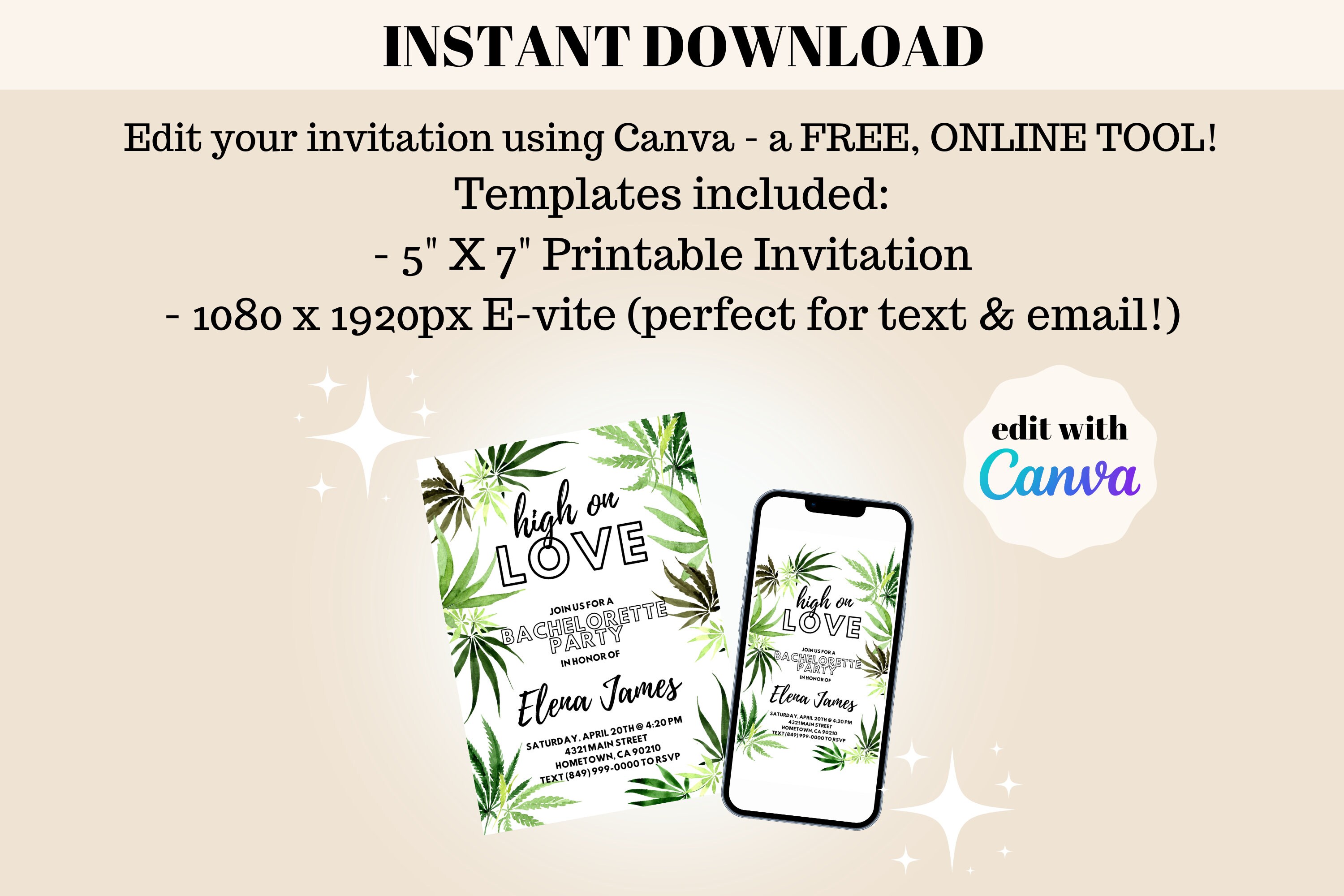 INSTANT Editable High on Love Cannabis Bachelorette Party Invitation ...