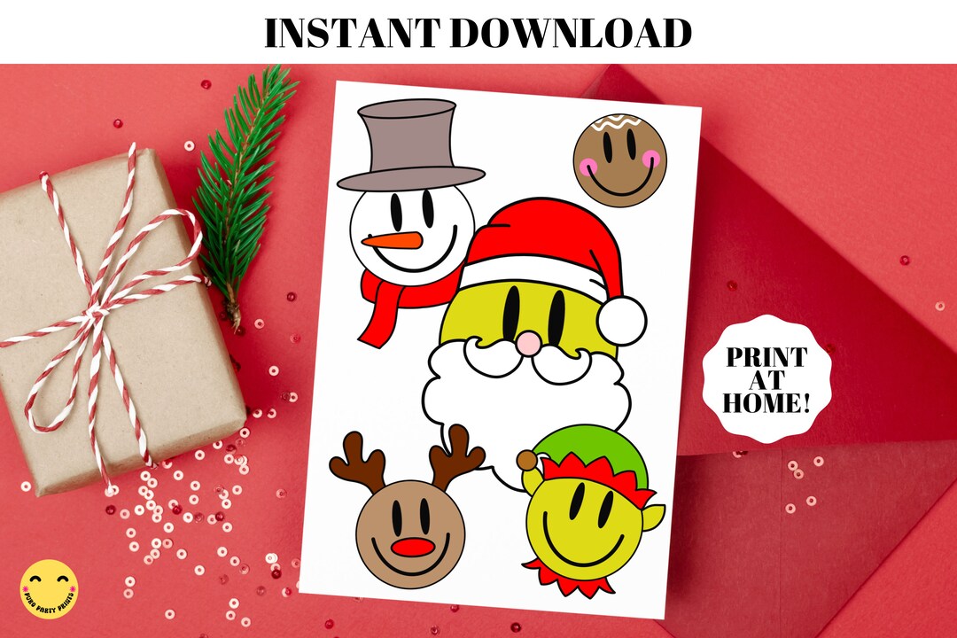 Retro Christmas Smiley Faces Printable Card, Retro Printable Holiday ...