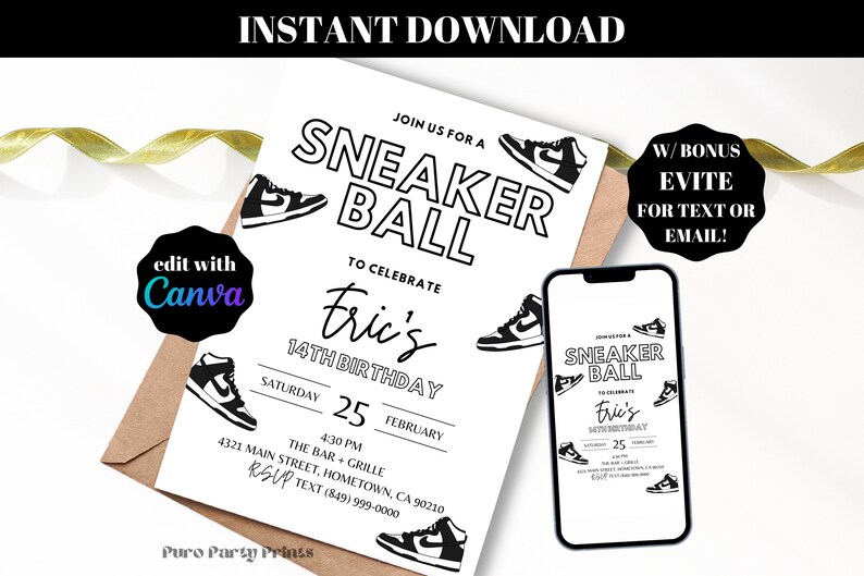 Sneaker Ball Invitation | Editable Sneaker Ball Birthday Party ...