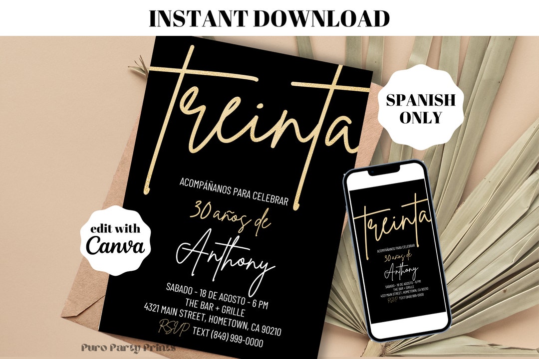 INSTANT Simple Gold Treinta 30th Birthday Invitation SPANISH Digital ...