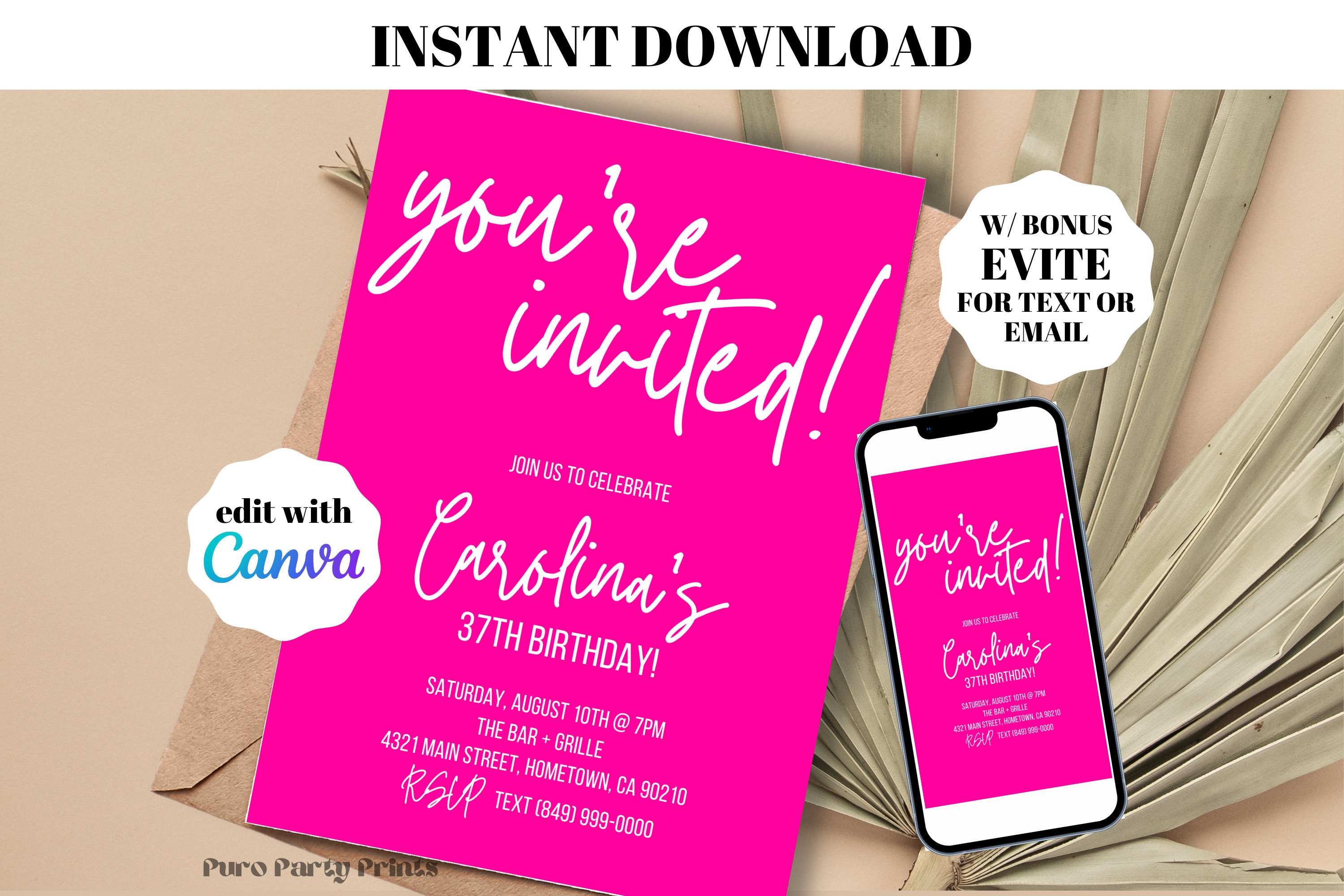 INSTANT Editable You're Invited Pink Party Invitation Digital Download ...