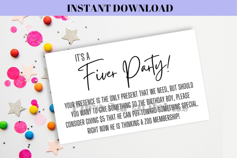 INSTANT Editable Fiver Party Enclosure Card Birthday Party Insert Card ...