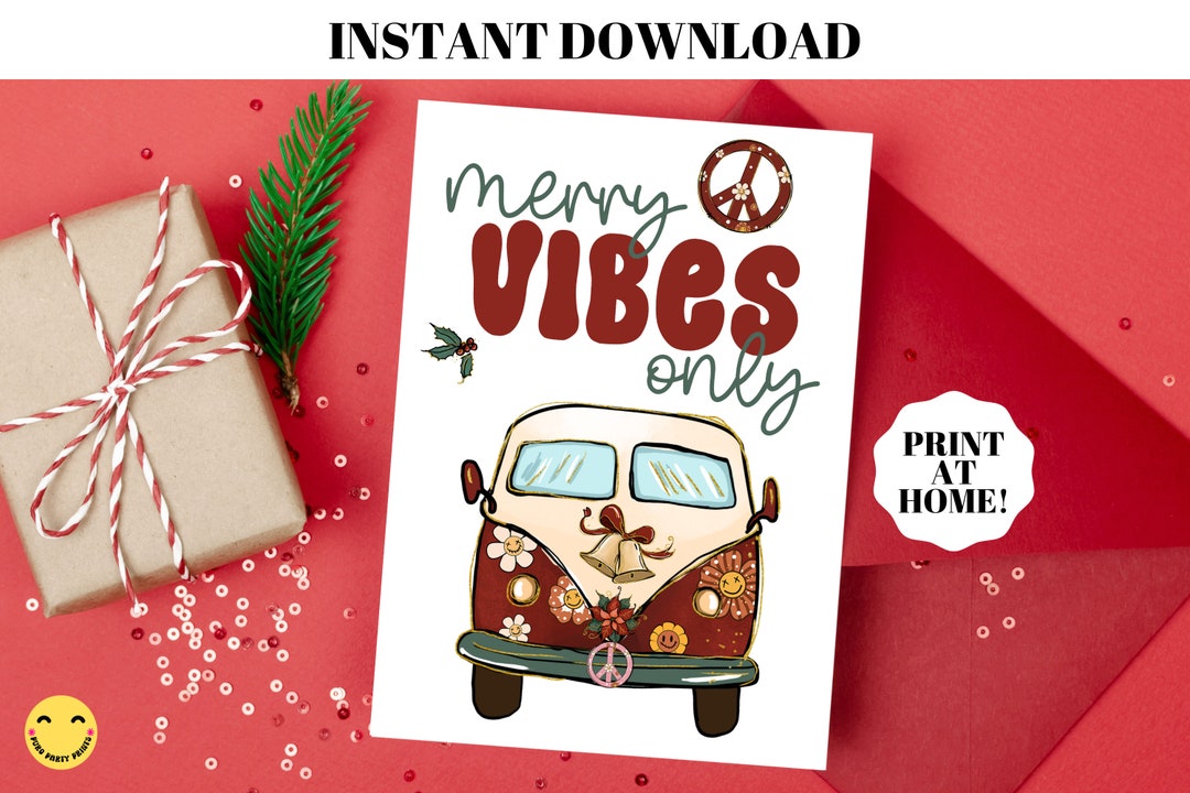 Merry Vibes Only Groovy Printable Christmas Card, Retro Van Printable ...