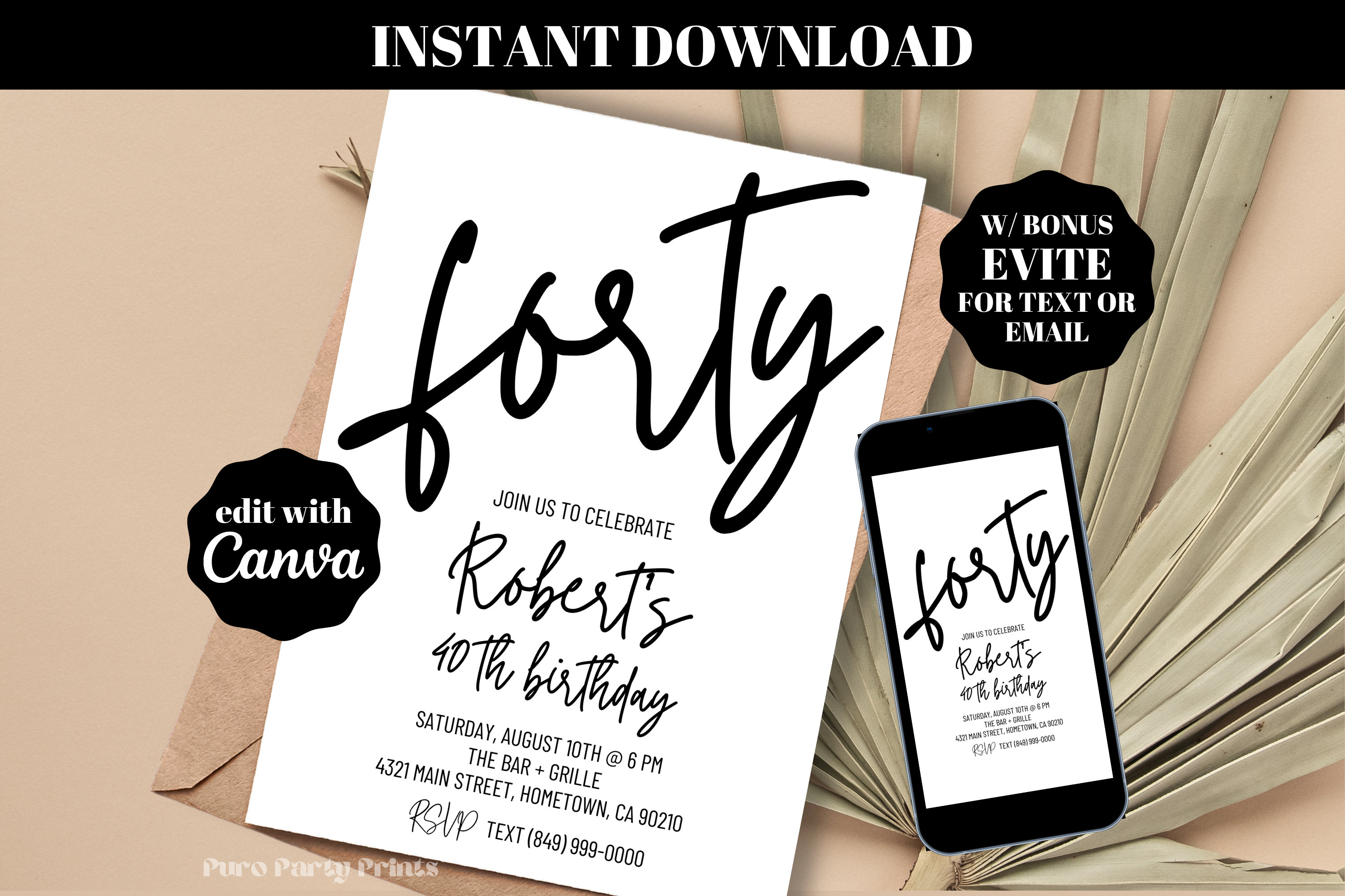 INSTANT Editable Forty 40th Birthday Party Invitation Evite Printable ...