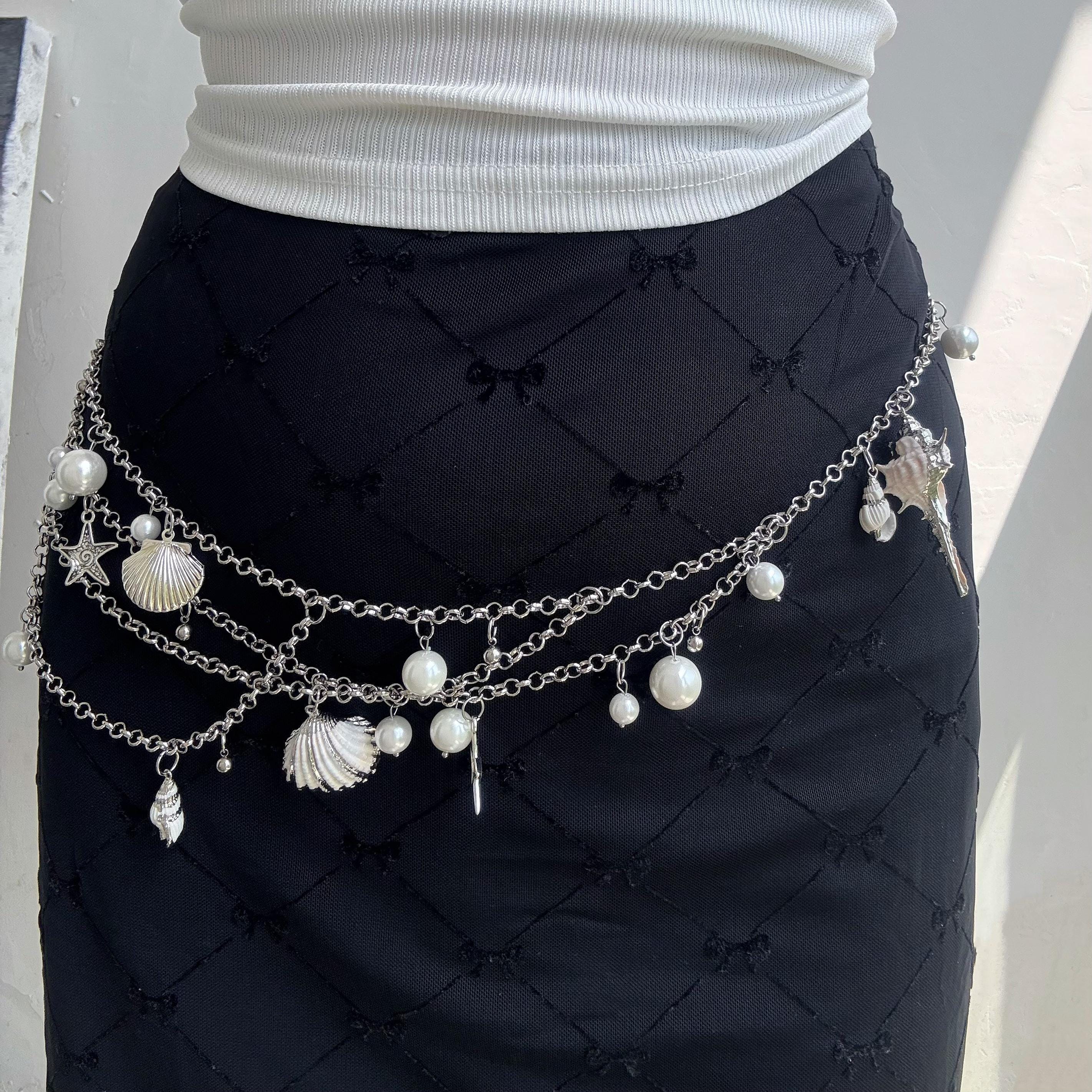Elegant Pearl Belly Chain, Shell Starfish Conch Charms Silver Waist ...