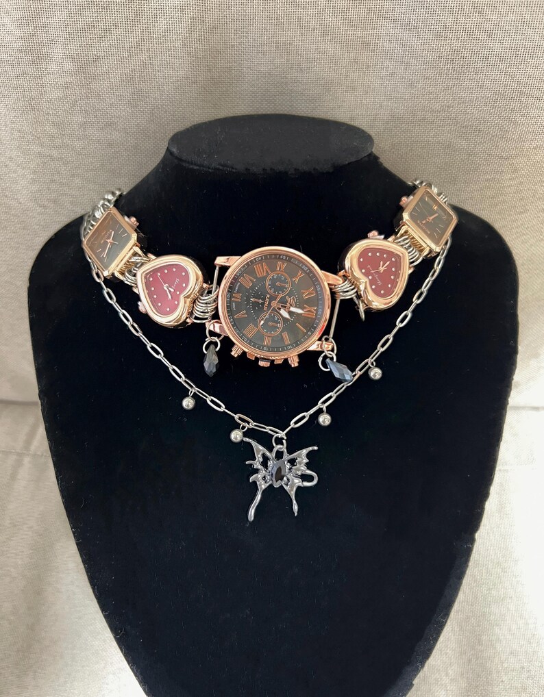 Vintage Punk Multicolor 5-clock Watch Choker Necklace, Butterfly Grunge ...