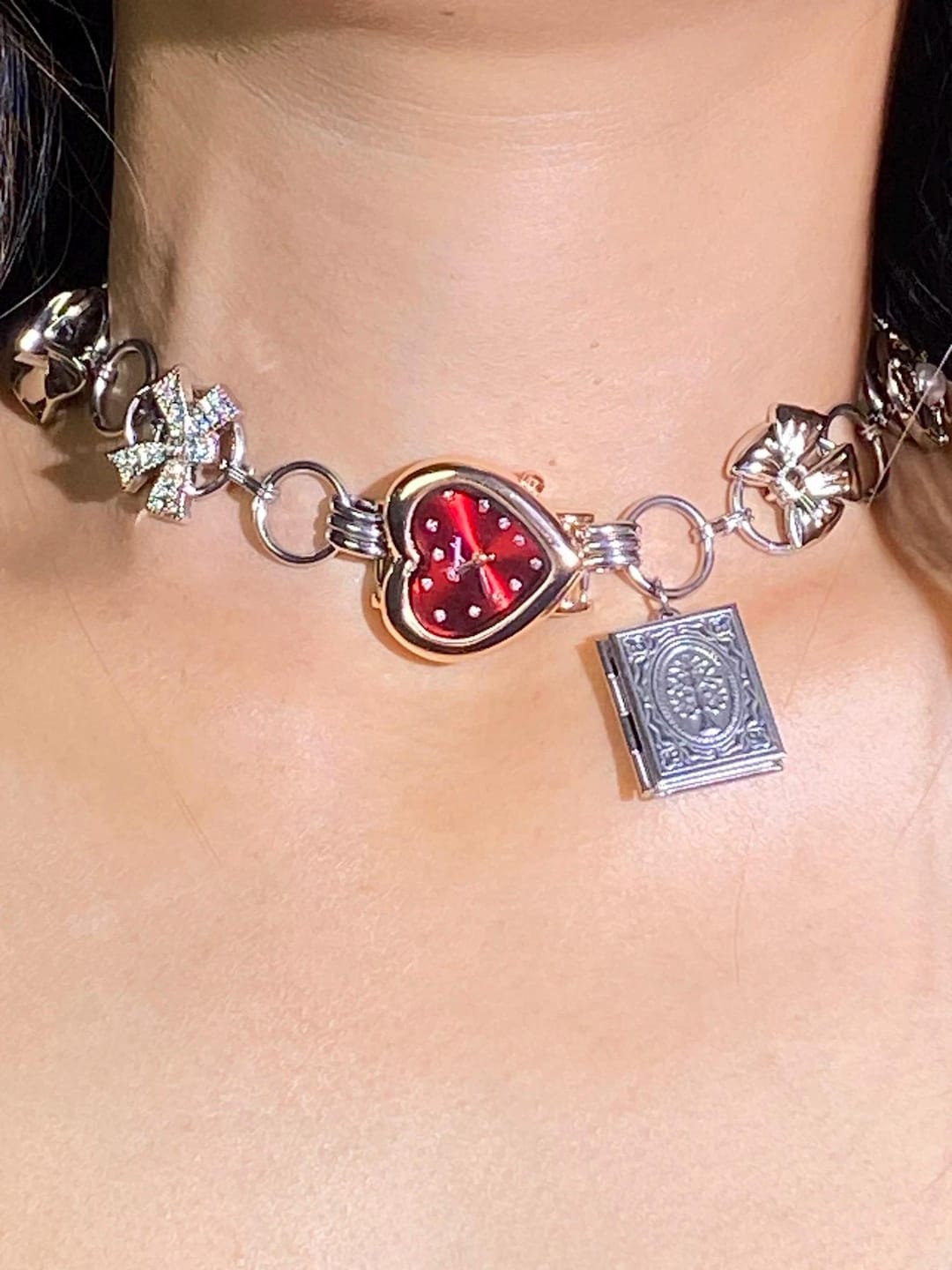 Y2K Retro Red Heart Watch Choker Necklace, Photo Frame Pendant Necklace ...