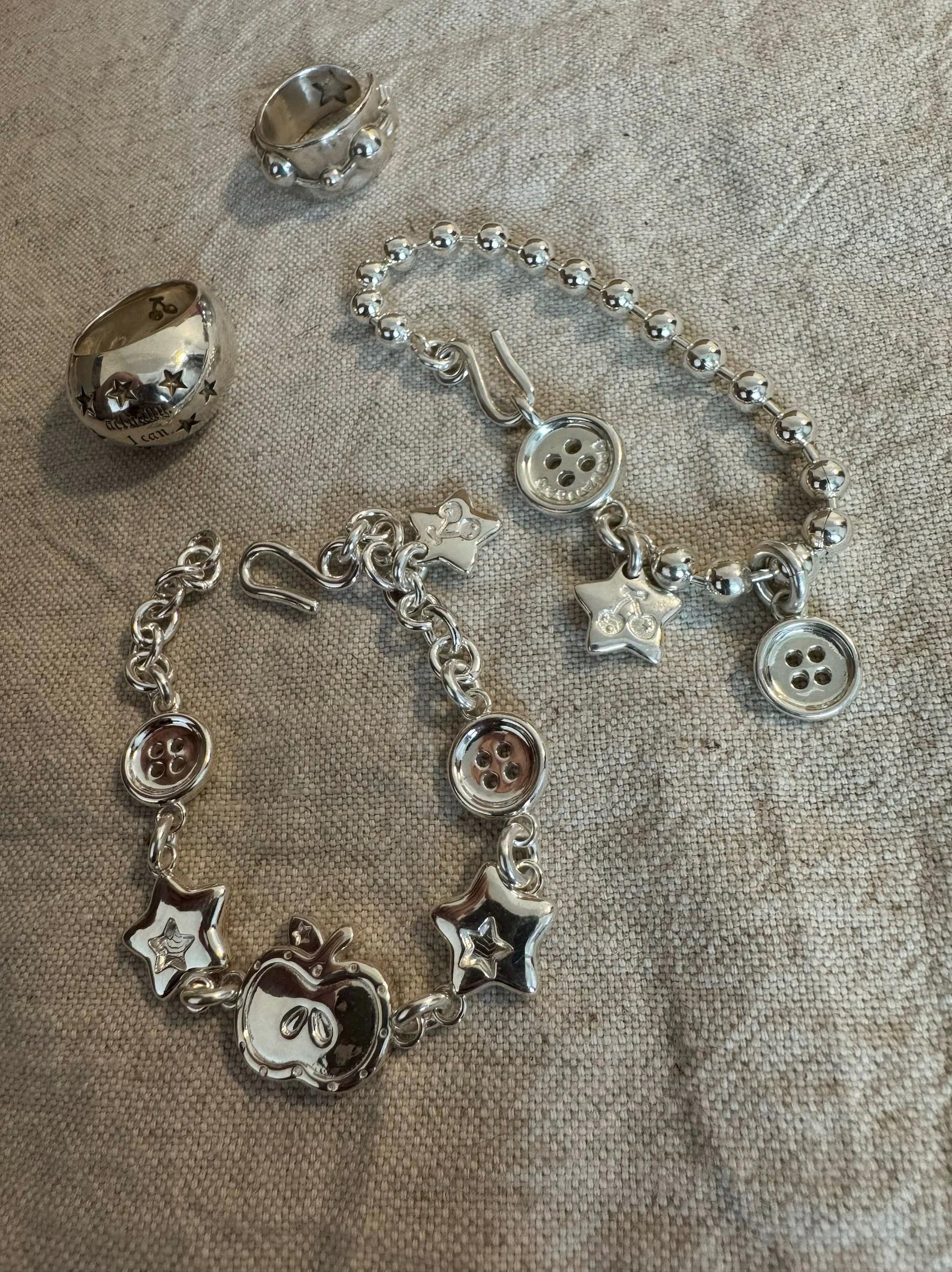 Punk Star Charm Silver Chain Bracelet, Apple Charm Button Bracelet ...