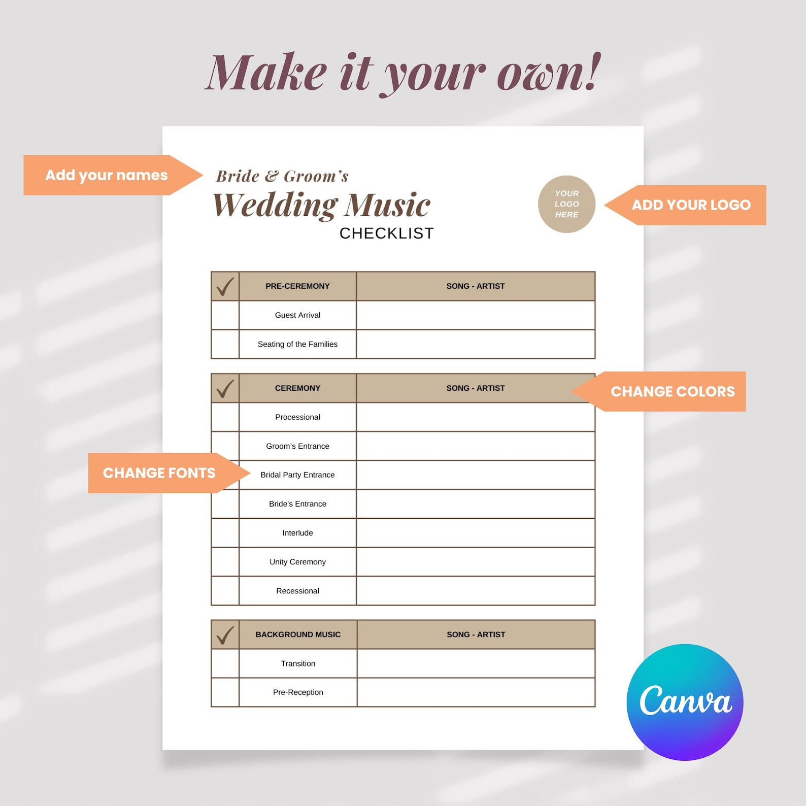 Wedding Music Checklist Template for Wedding Song List Canva Printable ...