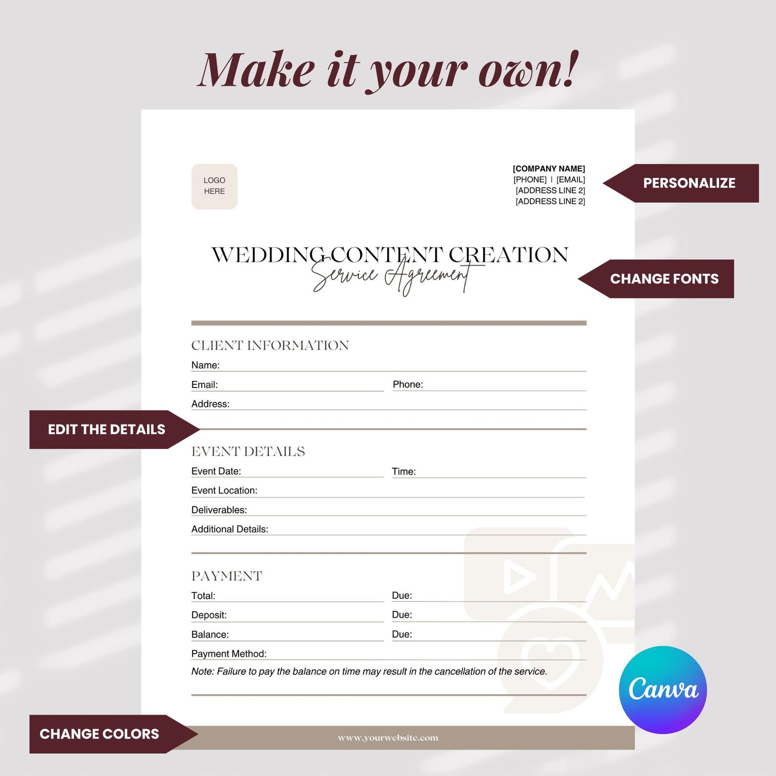 Wedding Content Creator Contract Template Canva, Wedding Content ...