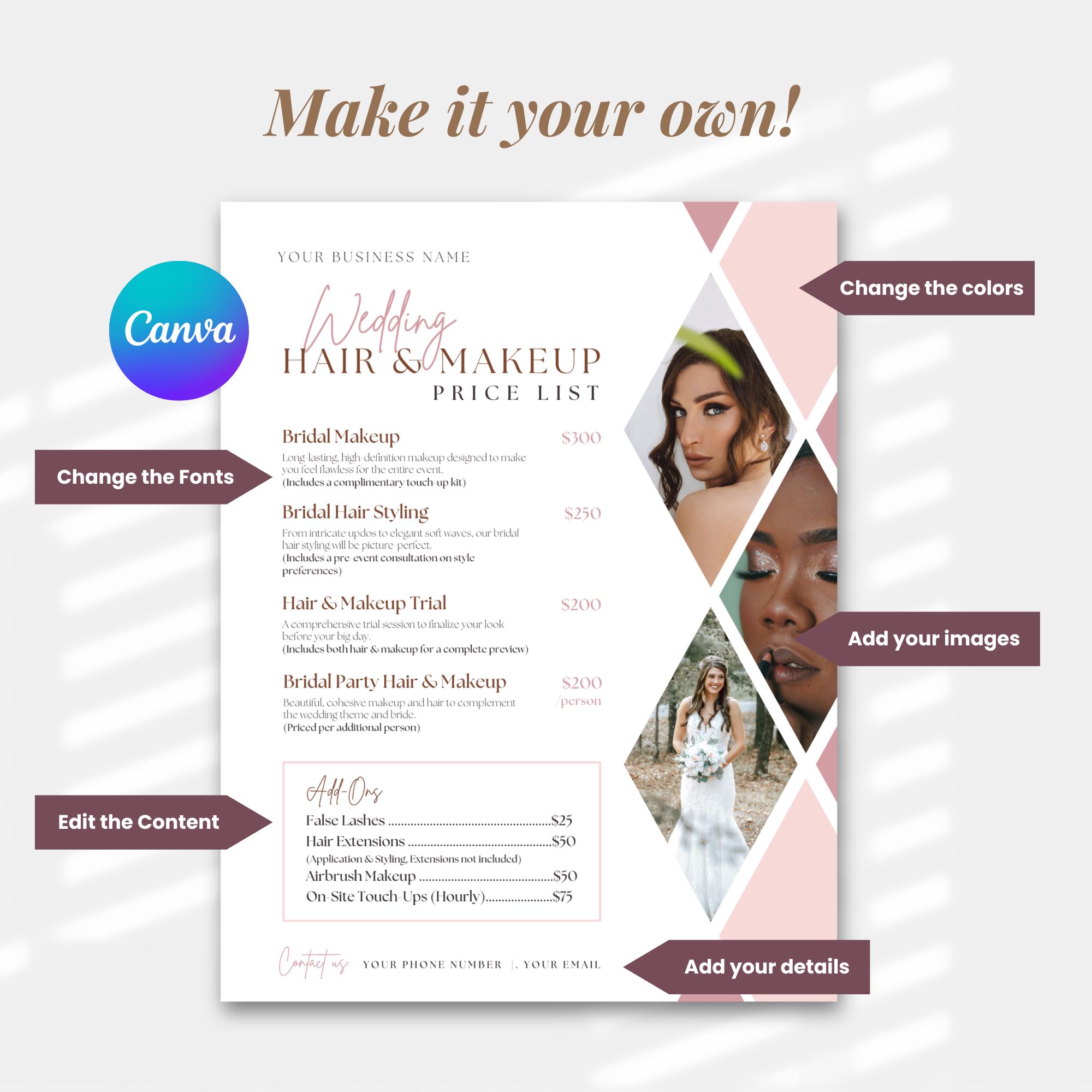 Bridal Hair and Makeup Pricing Guide Template Canva, Wedding Hair and ...