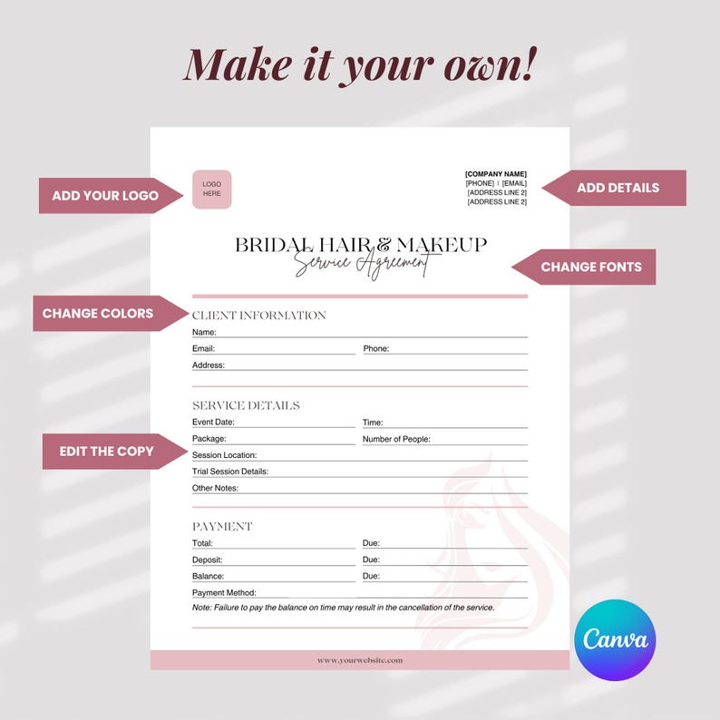 Bridal Hair and Makeup Contract Template Canva, Wedding Hair and Makeup ...