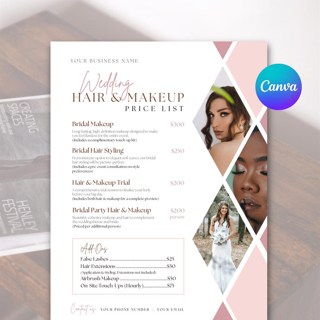 Bridal Hair and Makeup Pricing Guide Template Canva, Wedding Hair and ...