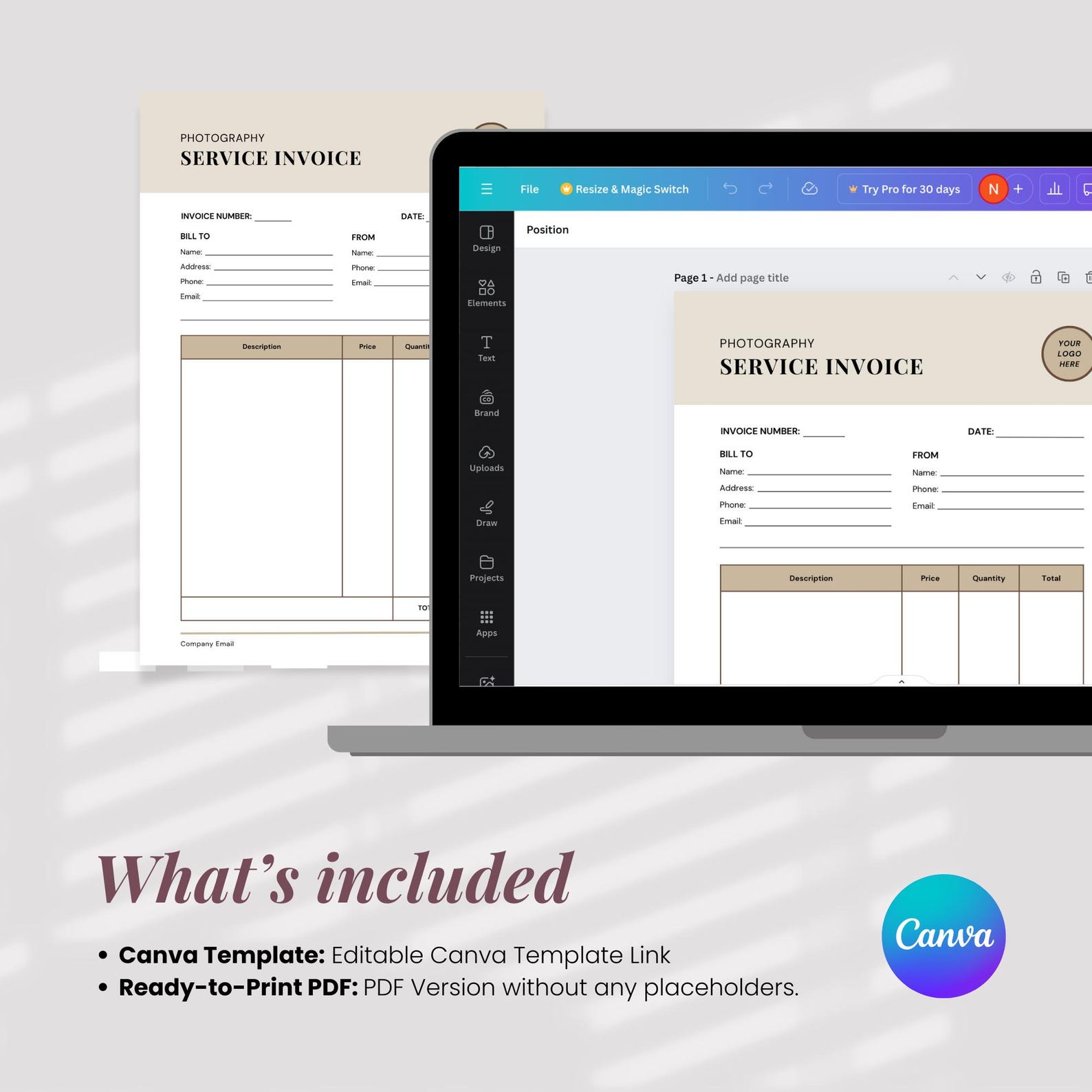 Photography Invoice Template Canva Editable Photographer Business Form Printable Receipt ...
