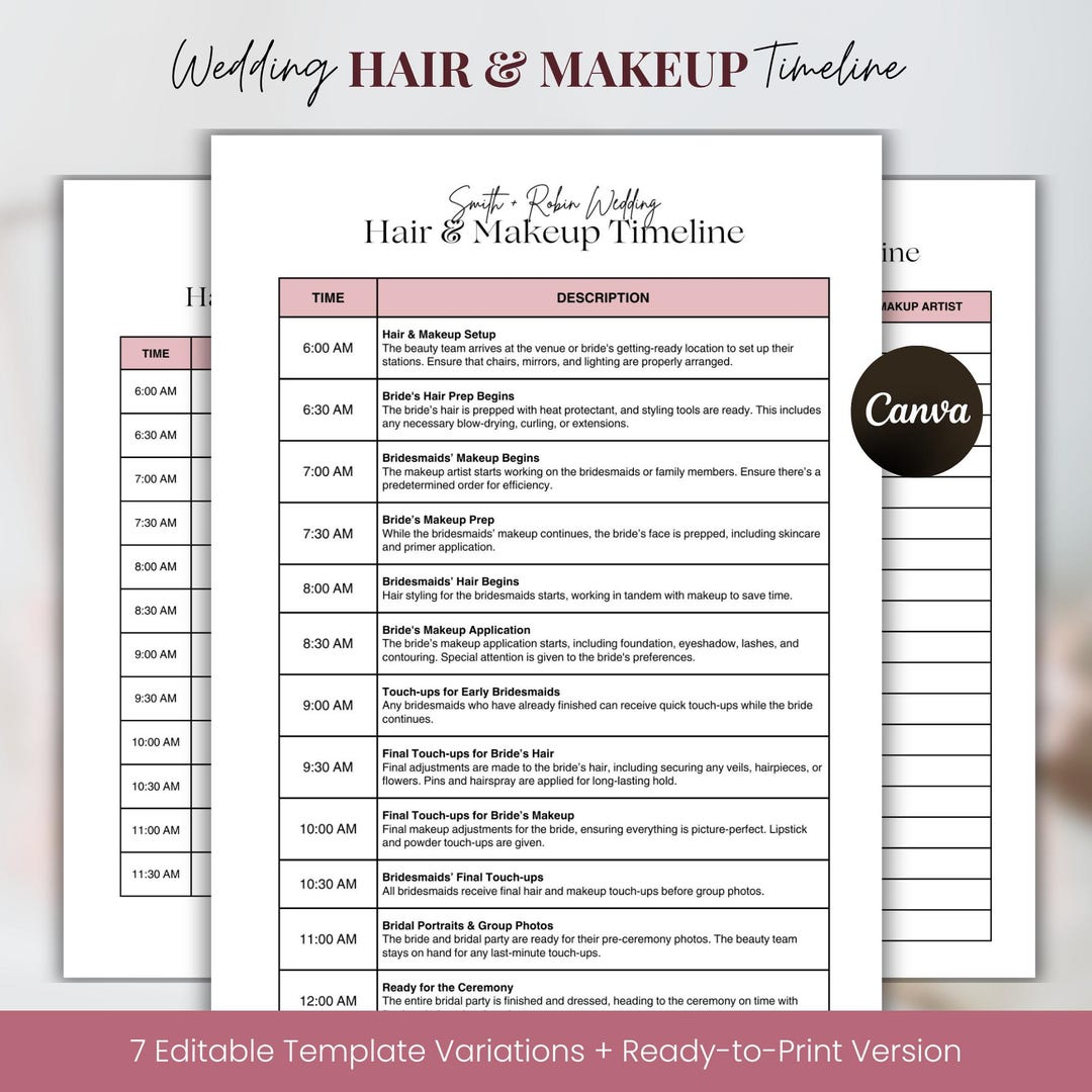 Wedding Hair and Makeup Timeline Template, Glam Team Hair Styling ...