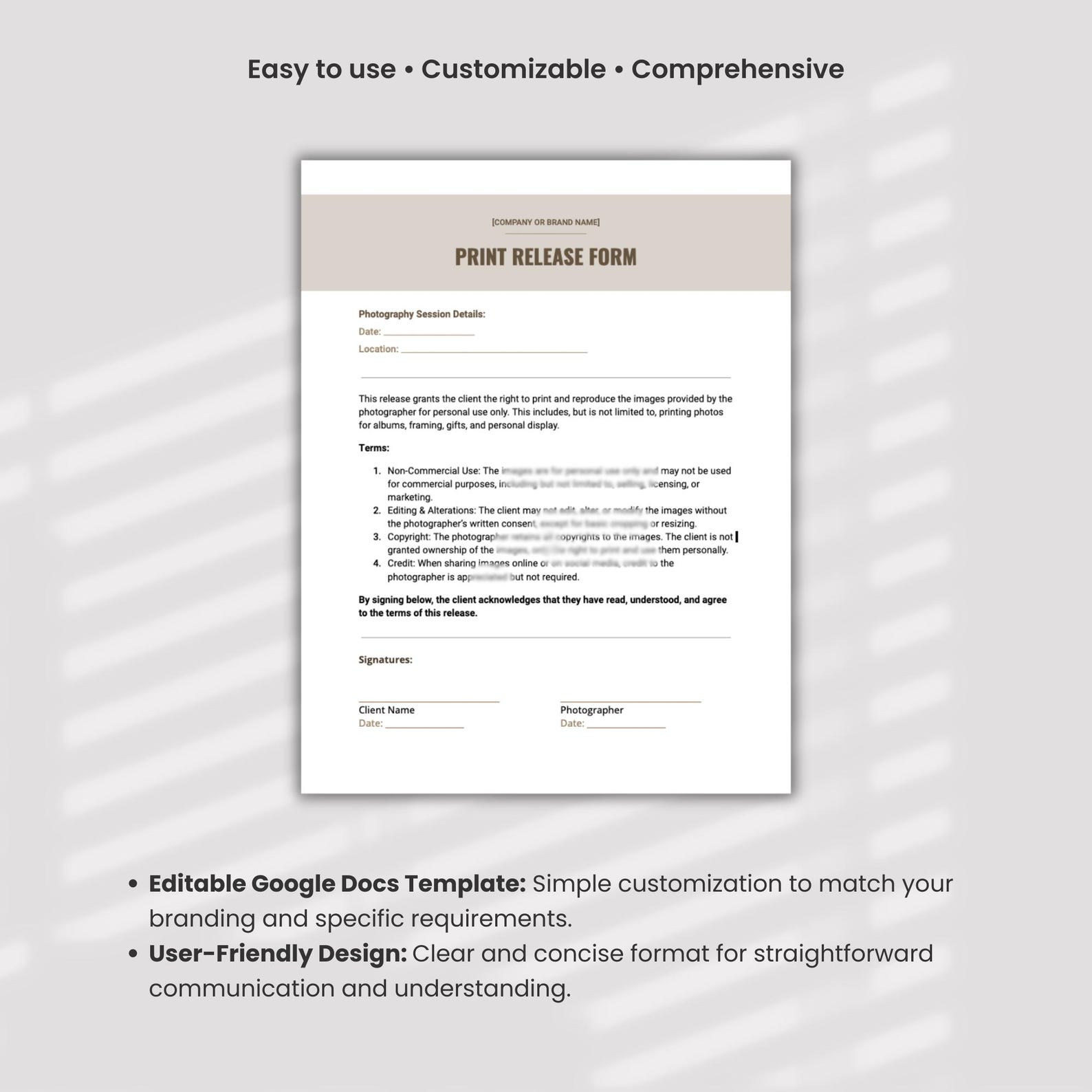 Print Release Form Template Google Docs Photography Contract Editable ...
