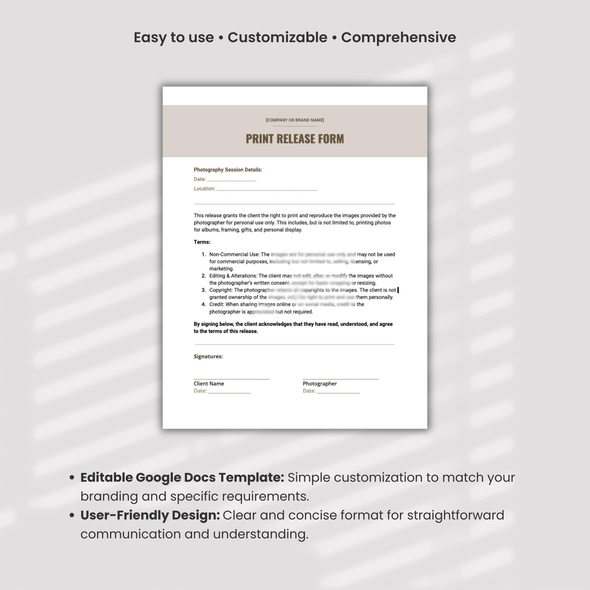 Print Release Form Template Google Docs Photography Contract Editable ...