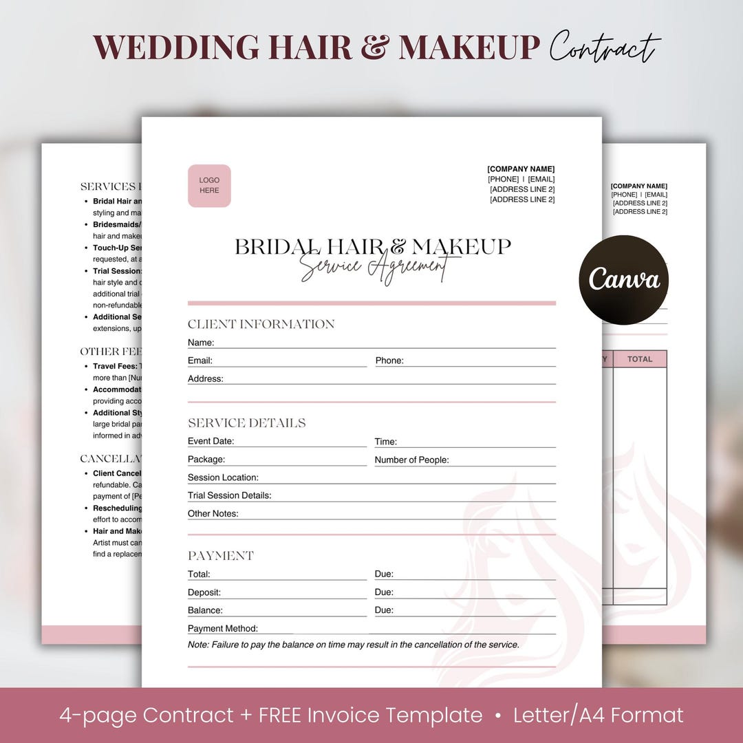 Bridal Hair and Makeup Contract Template Canva, Wedding Hair and Makeup ...