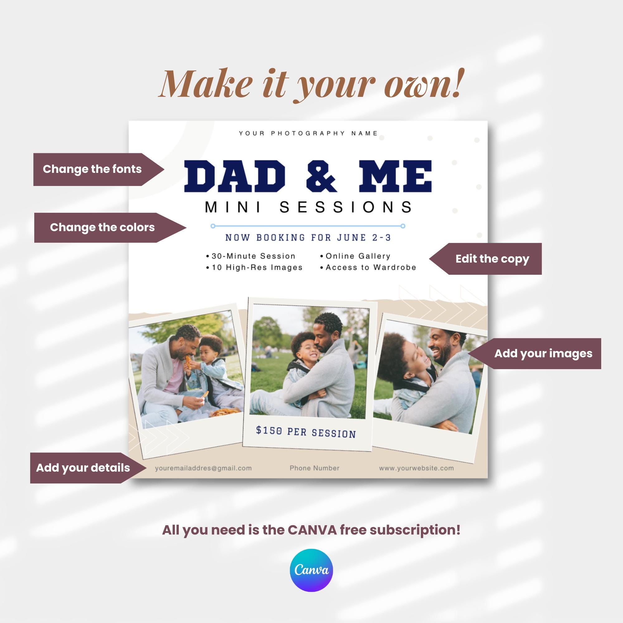 Daddy and Me Session Template Canva, Father's Day Mini Sessions ...
