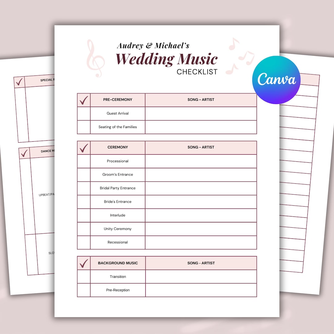 Wedding Music Checklist Template for Wedding Song List Canva Printable ...
