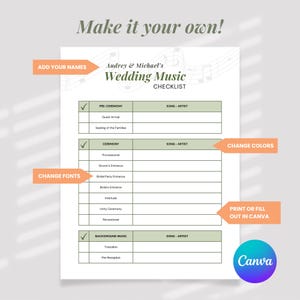 Wedding Music Checklist Template for Wedding Song List Canva Printable ...