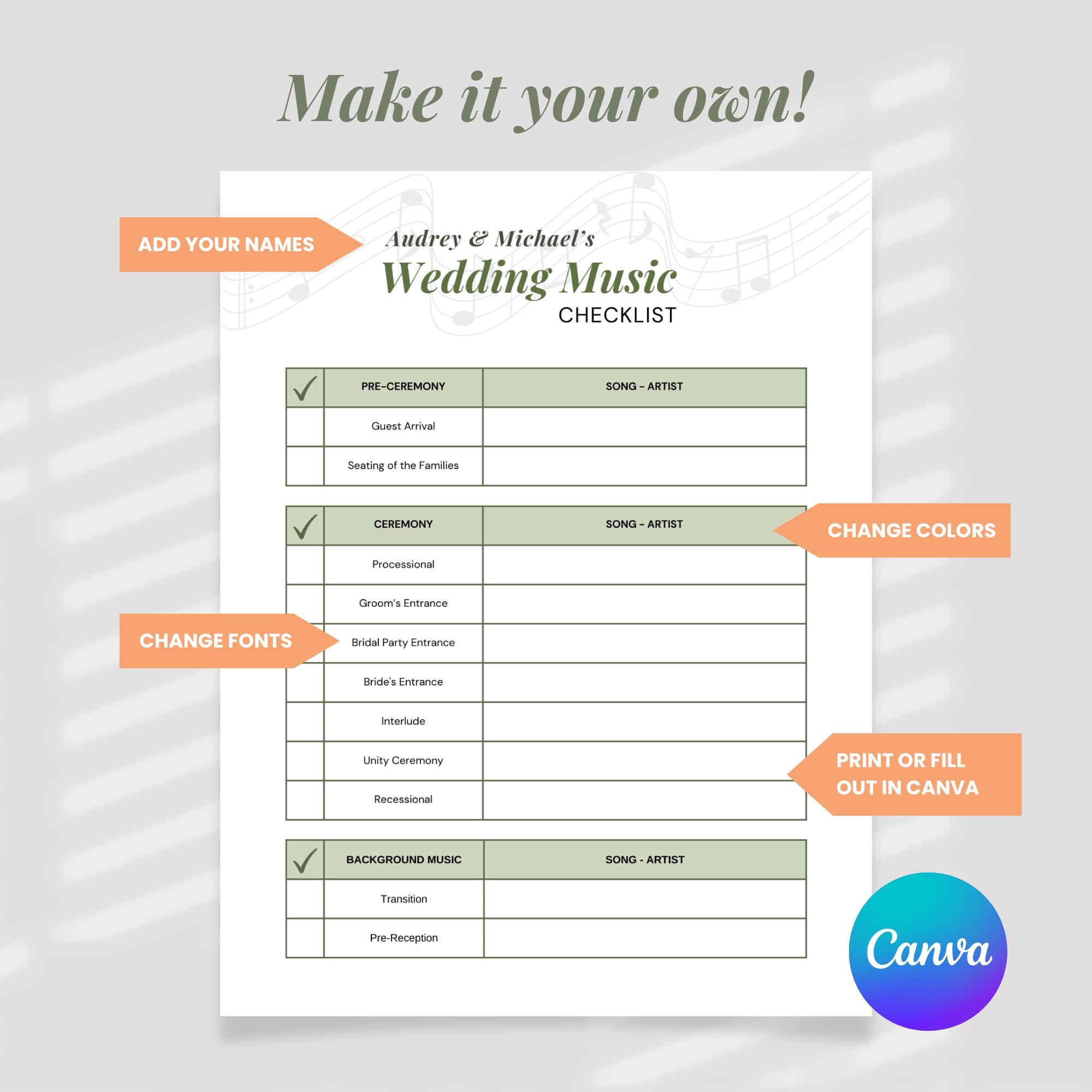 Wedding Music Checklist Template for Wedding Song List Canva Printable ...