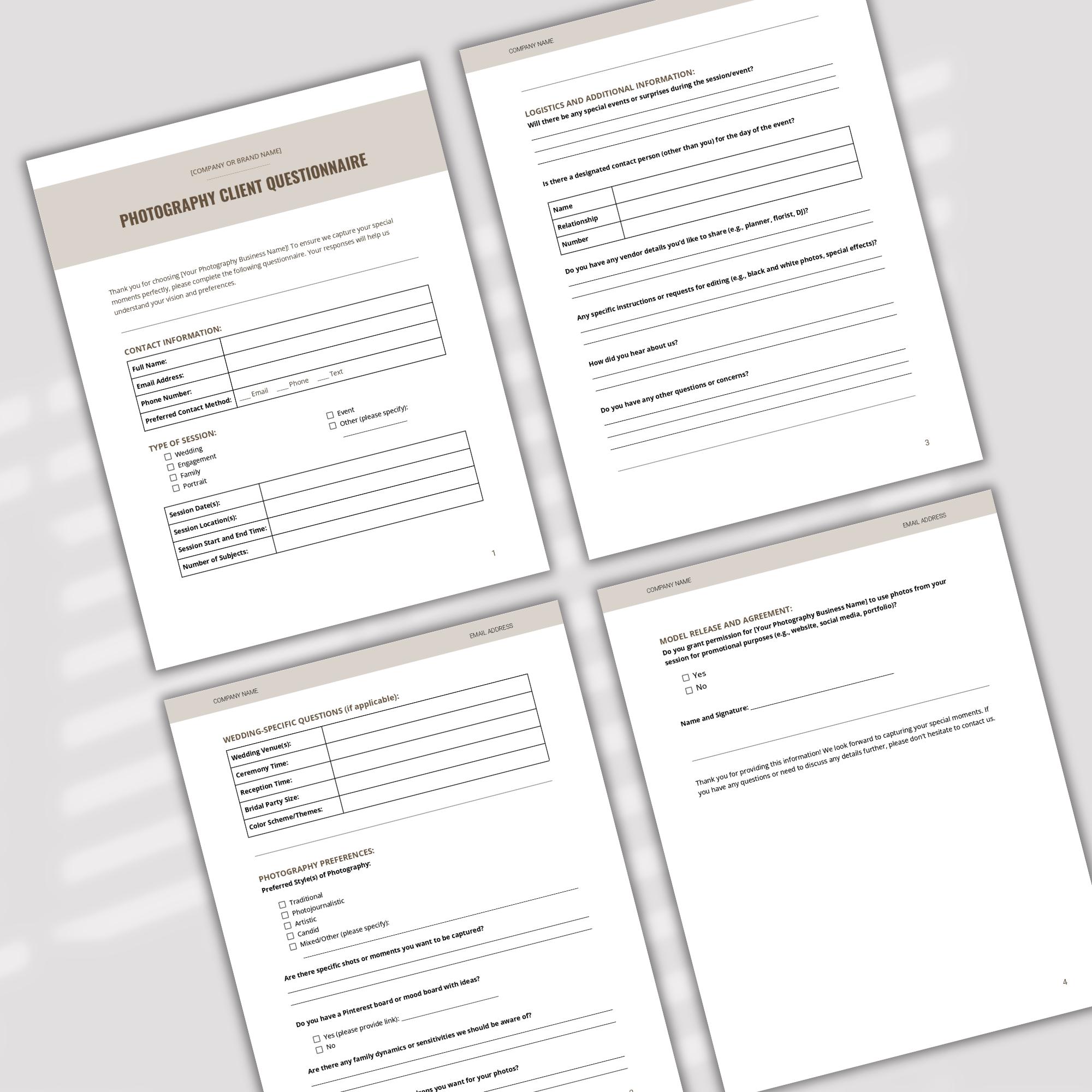 Photography Questionnaire Google Docs Template for Photographer Booking ...