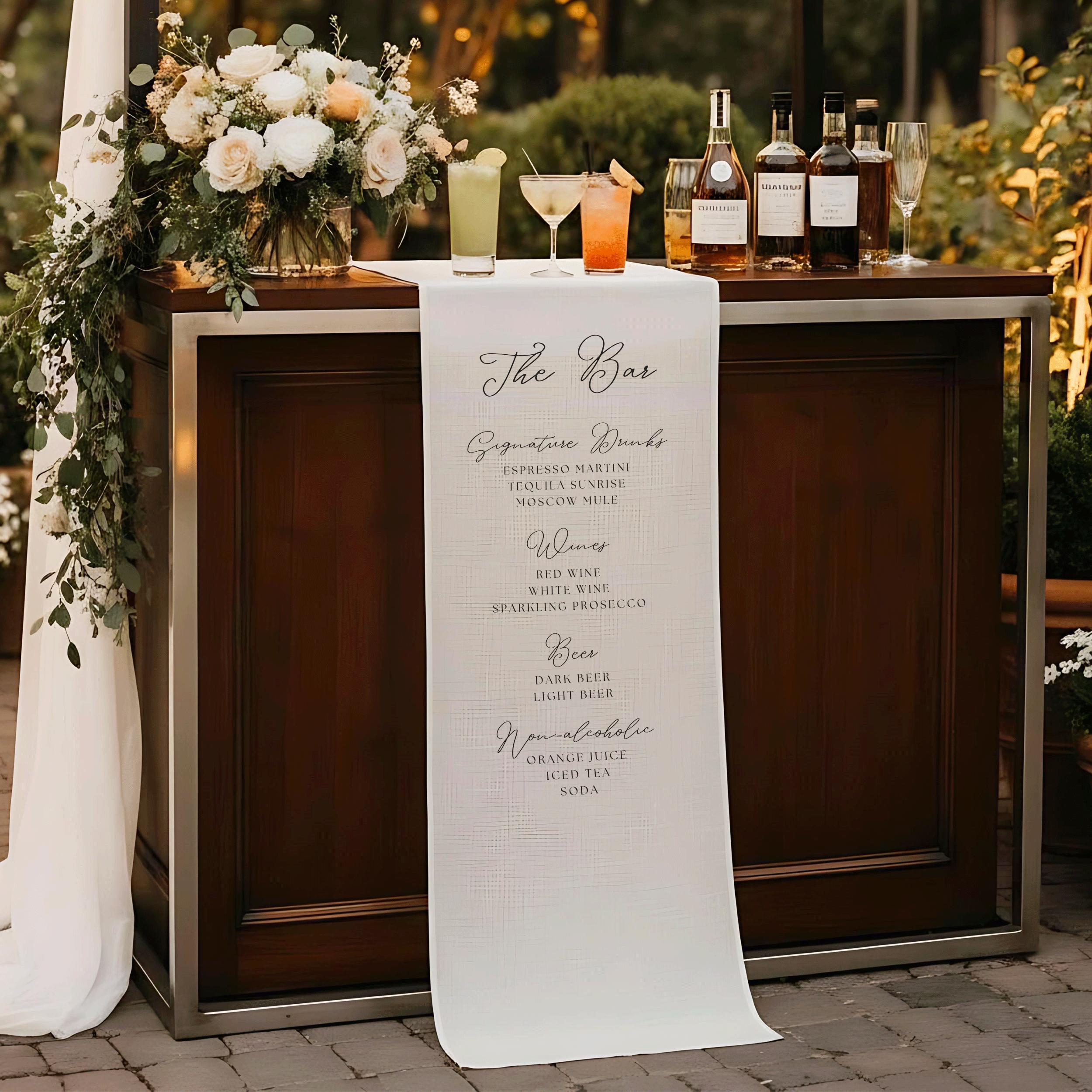 White Linen Wedding Bar Sign, Custom Wedding Bar Menu Banner, Rustic ...