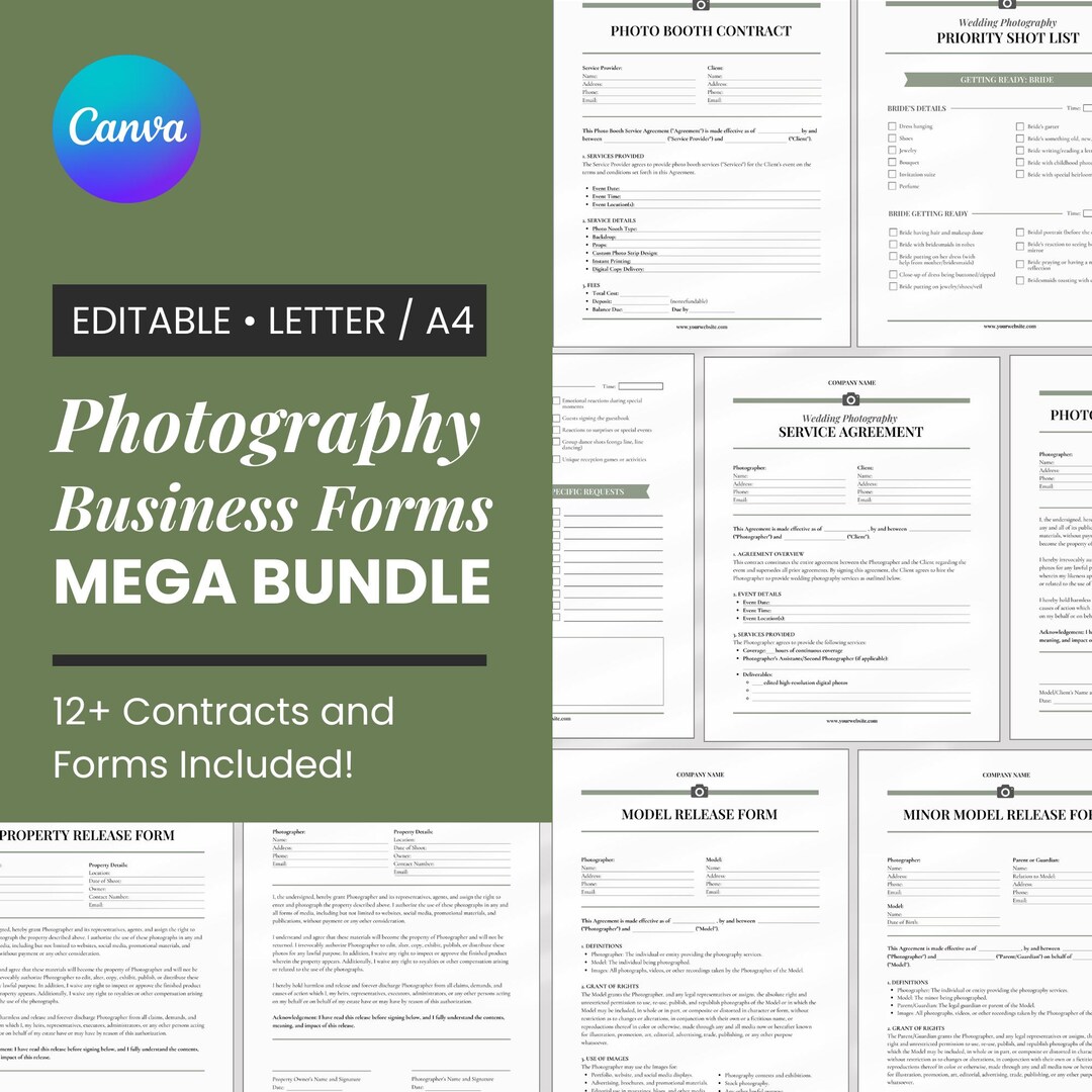 Photography Business Form Bundle, Wedding Photographer Contract Template Bundle, Photography ...