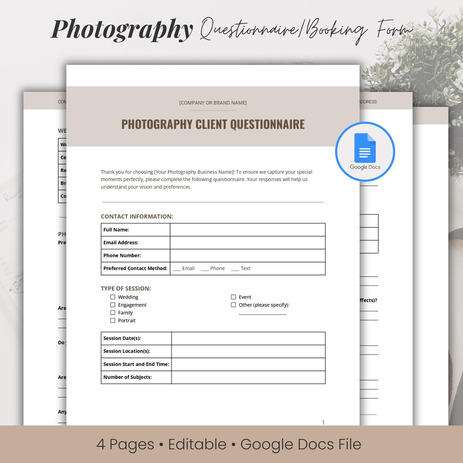 Photography Questionnaire Google Docs Template for Photographer Booking ...
